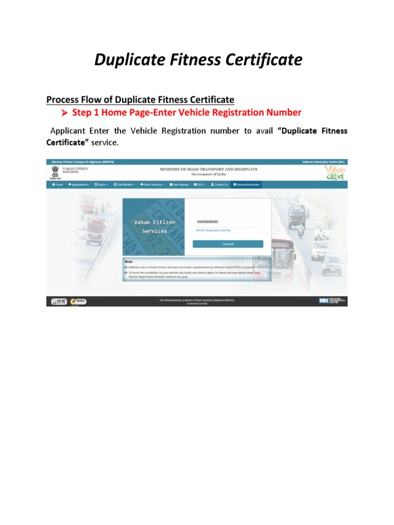 Duplicate Fitness Certificate: Step 1 Home Page-Enter Vehicle Registration Number | Download ...