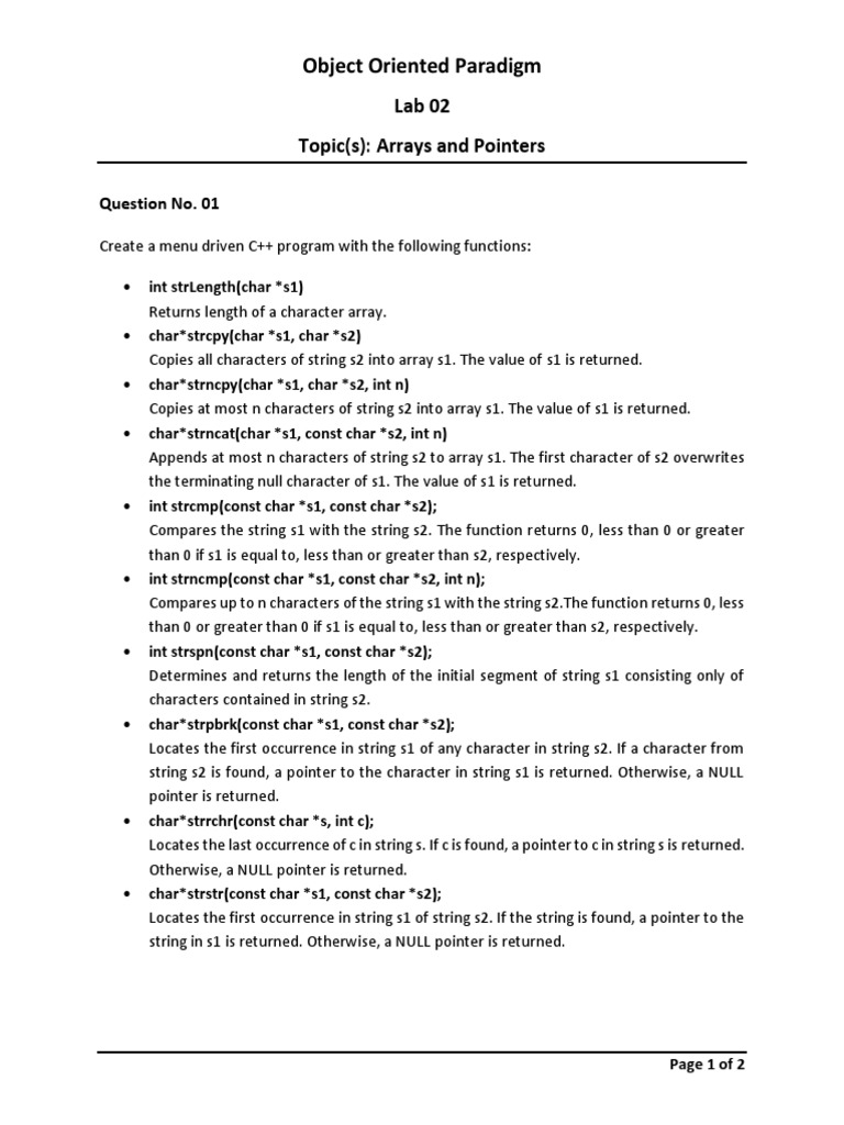 Object Oriented Paradigm: Lab 02 Topic(s) : Arrays and Pointers | PDF | String (Computer Science ...
