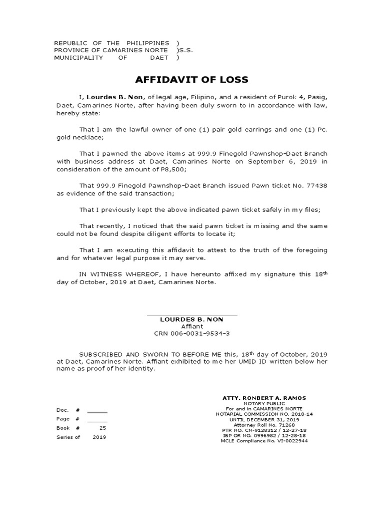 Affidavit of Loss TEMPLATE Pawn Ticket | PDF