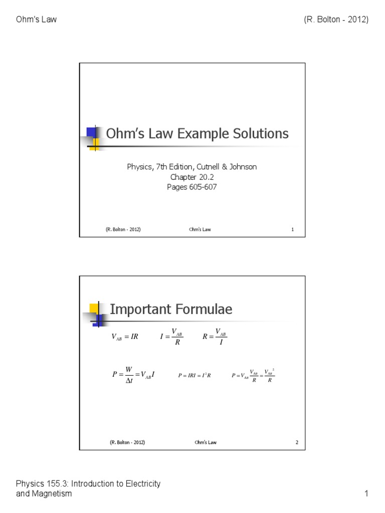 Ohm's Law Example Solutions | PDF | Electrical Resistance And ...