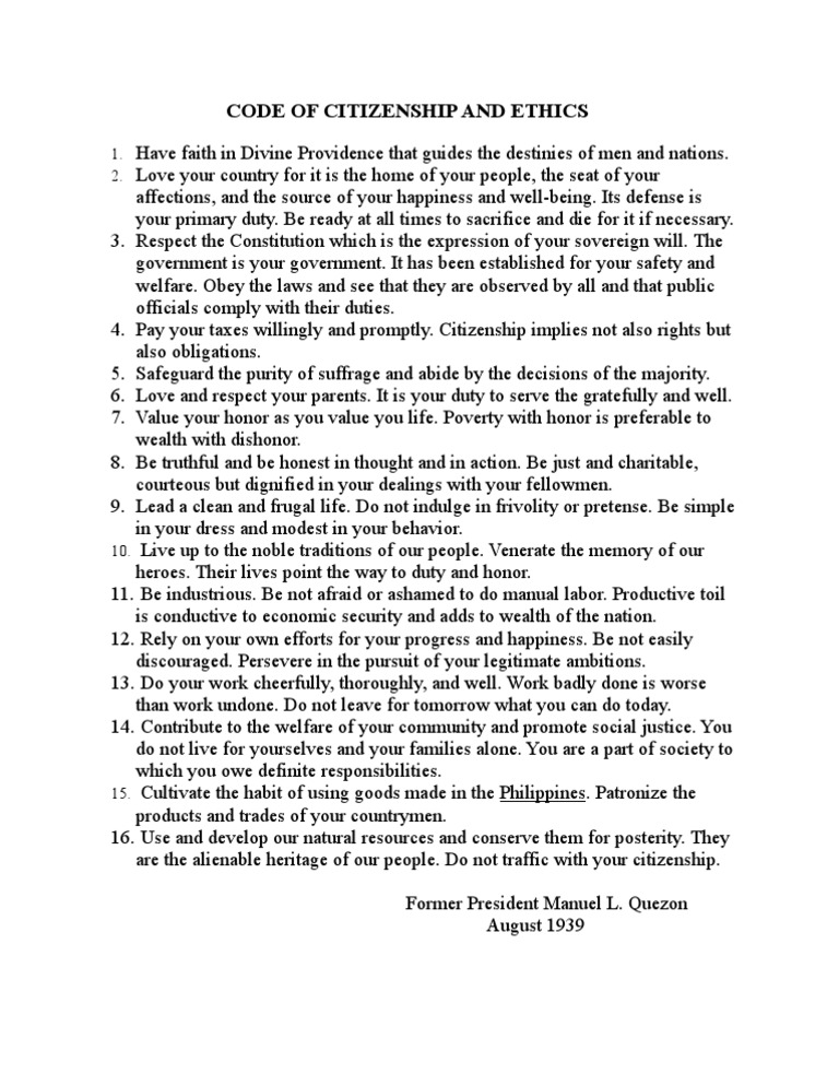 CODE OF CITIZENSHIP AND ETHICS OF THE PHILS