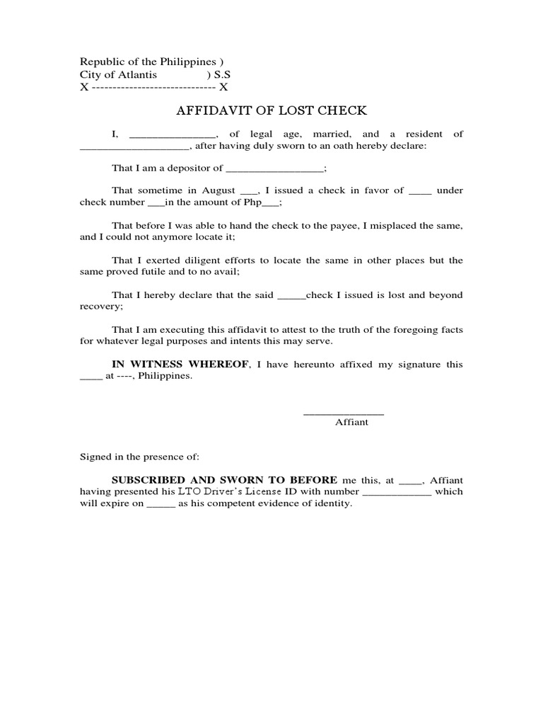 Affidavit of Lost Check | PDF