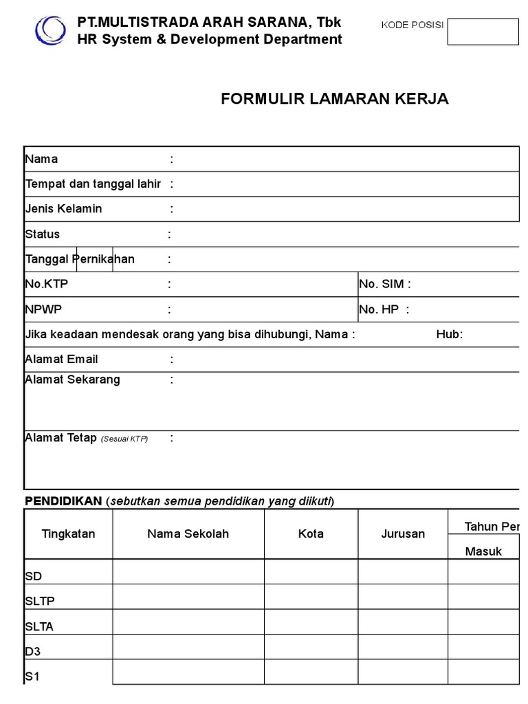 Formulir Lamaran Kerja PT Multistrada | PDF | Karier & Perkembangan