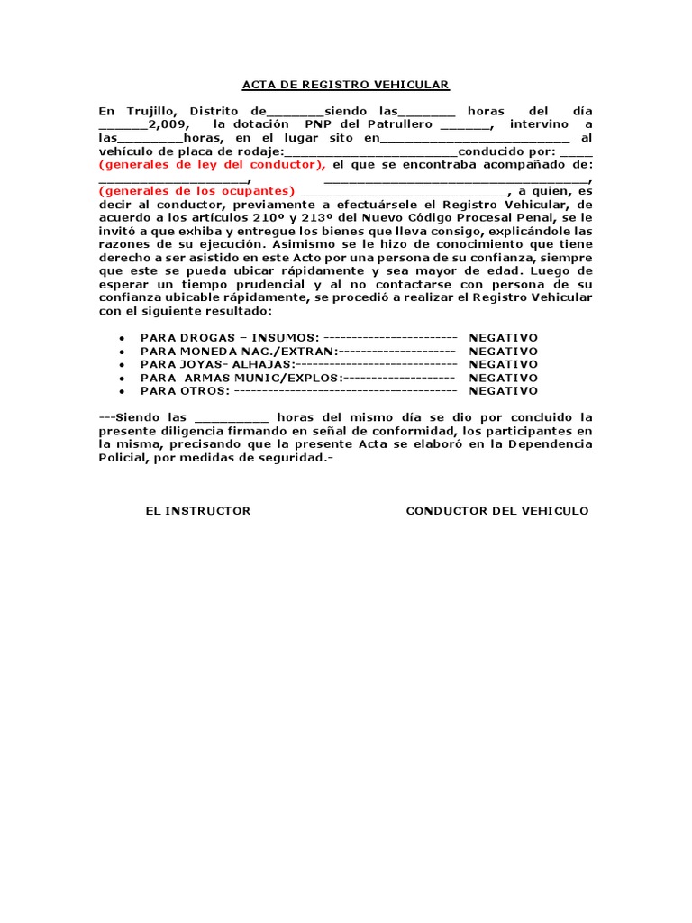 Acta de Registro Vehicular | PDF