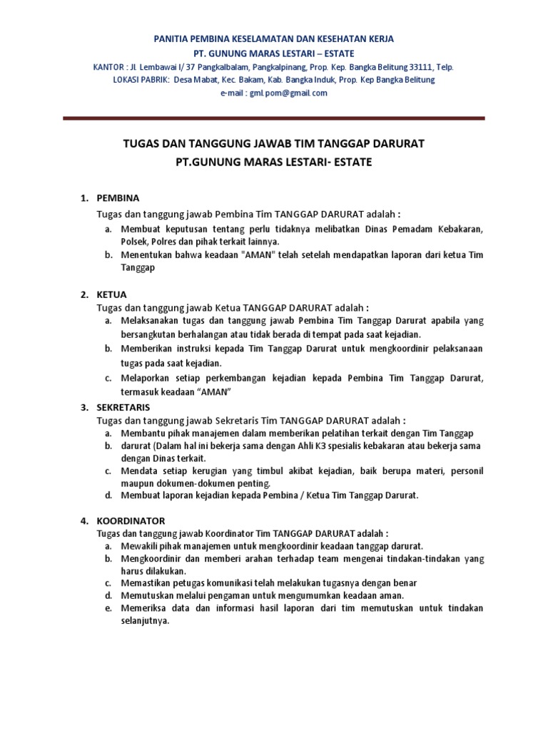 Tugas Dan Tanggung Jawab Tim Tanggap Darurat | PDF