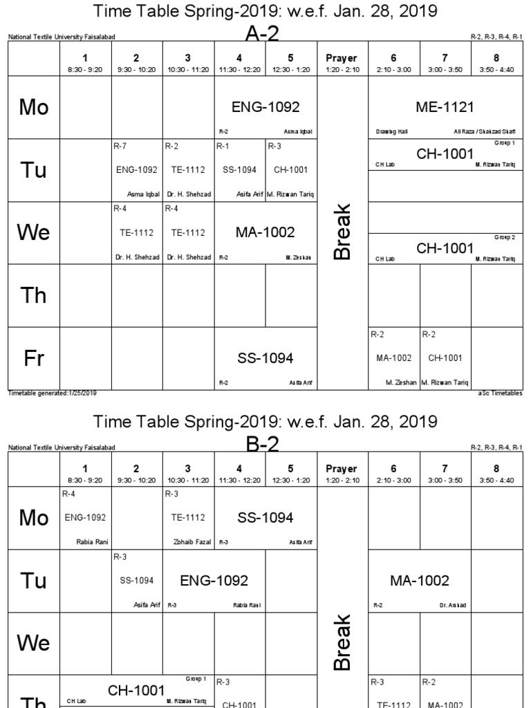 Time Table Spring 2019 (Classes) | PDF | Missile Types | Missile