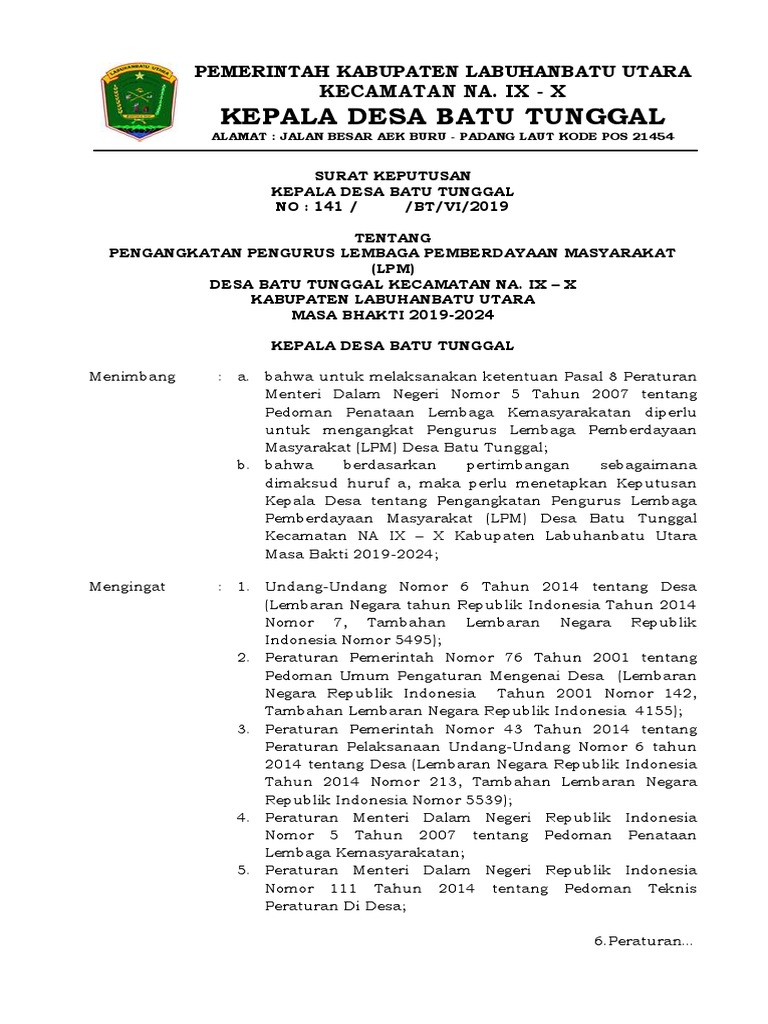 SK Pengangkatan Pengurus LPM Desa 2024 | PDF