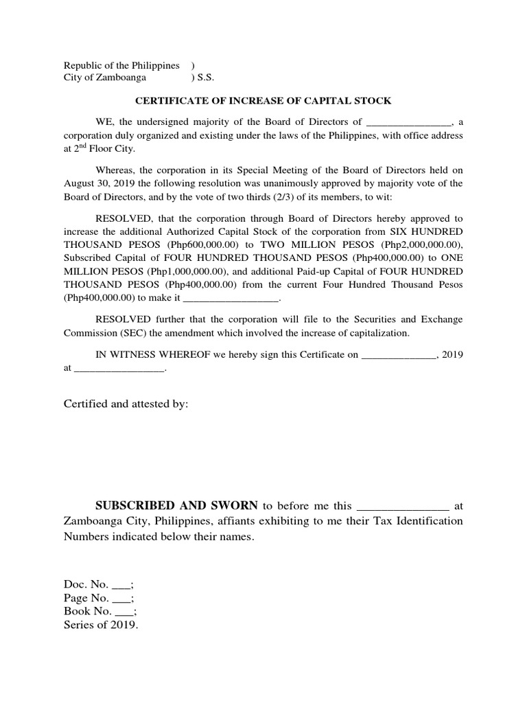 Certificate Increase in Capital | PDF