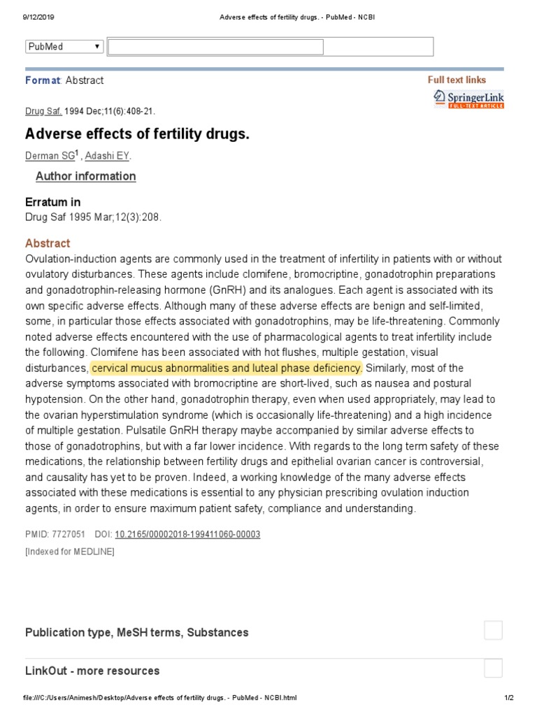 Fertility Drug Risks for Physicians | PDF | Pub Med | Adverse Effect
