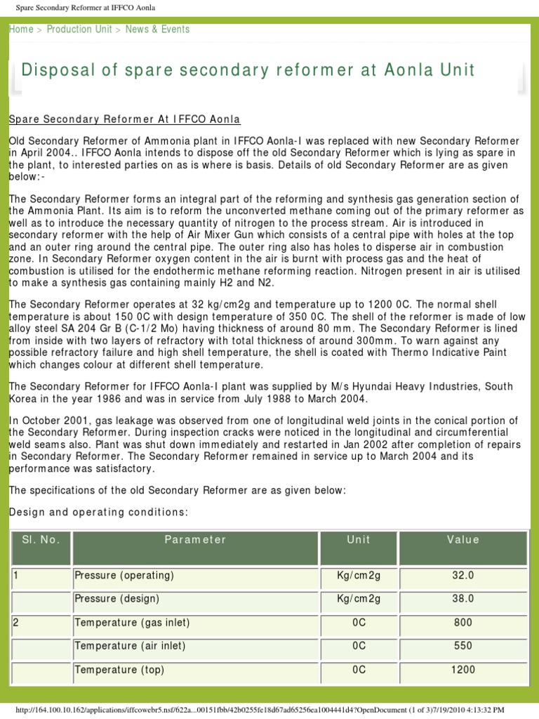 Spare Secondary Reformer at IFFCO Aonla PDF | PDF | Refractory | Combustion