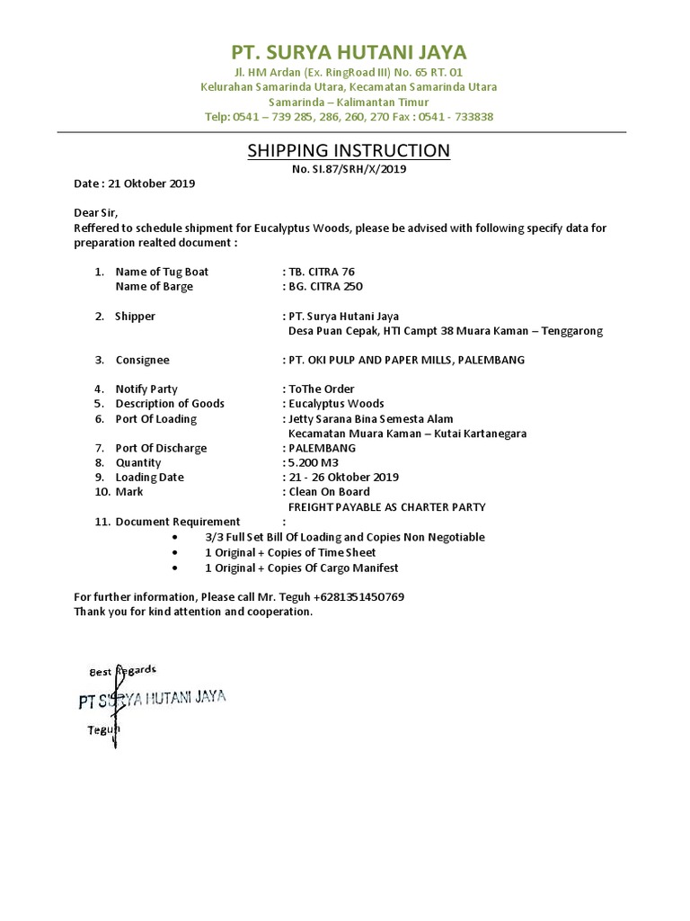 Pt. Surya Hutani Jaya: Shipping Instruction | PDF
