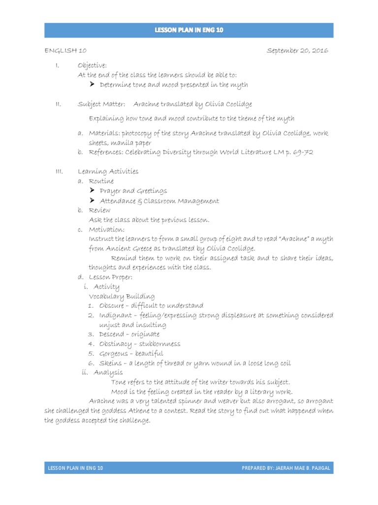 Grade 10 Lesson Plan Arachne by Olivia Coolidge | PDF | Lesson Plan ...