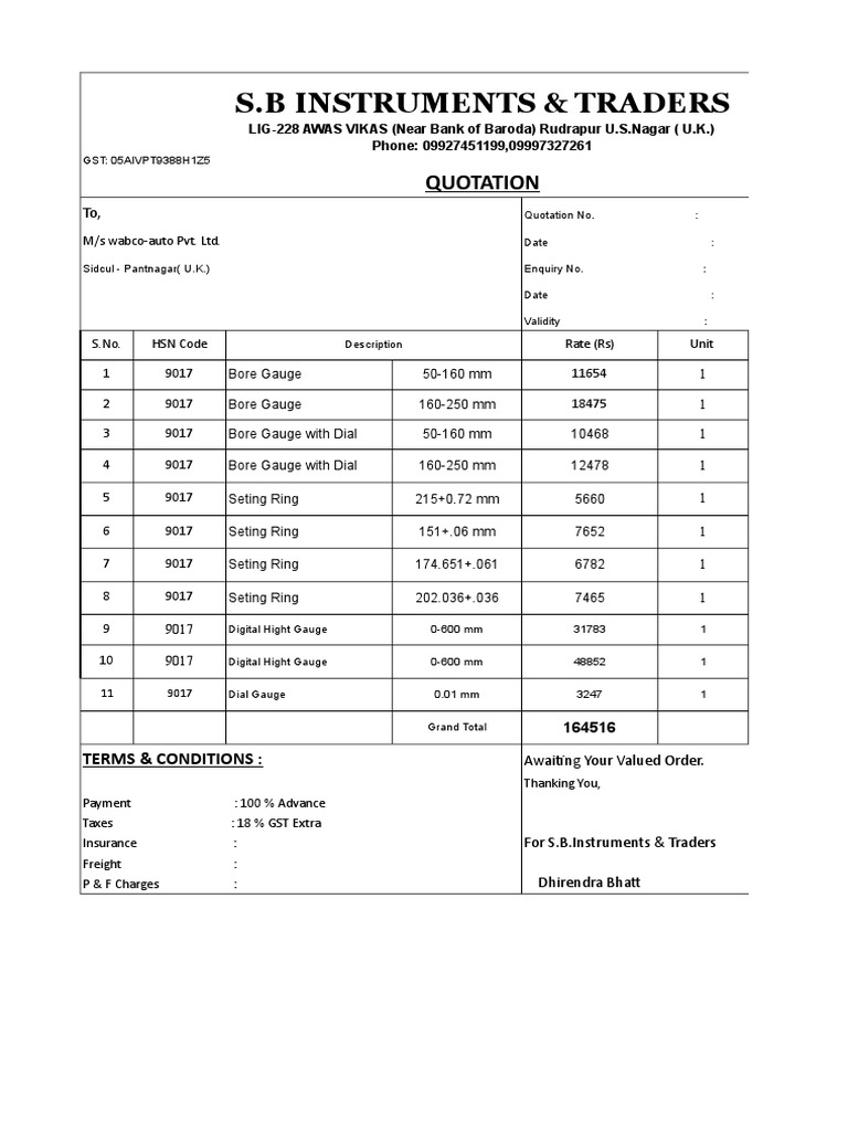 SB Instrument Quotation Revised | PDF | Measuring Instrument | Tools