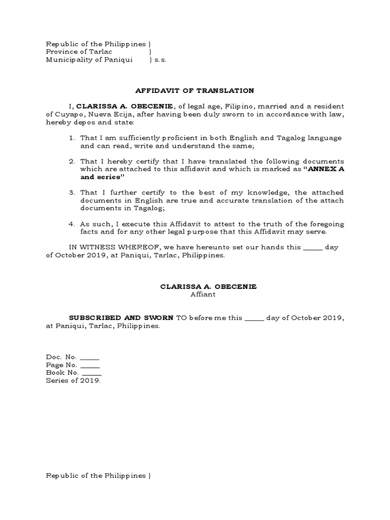 Affidavit of Translation - Sample | PDF | Affidavit | Document