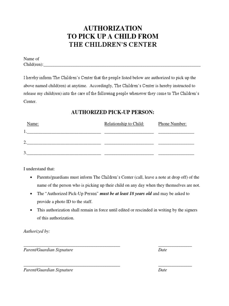 Child Pick-Up Authorization Form | PDF