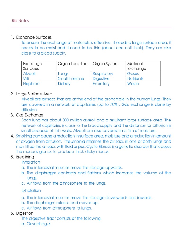 Exchange Surfaces: Bio Notes | PDF | Digestion | Lung
