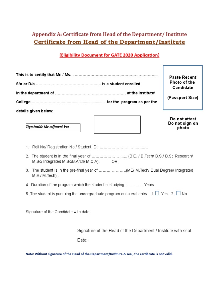GATE 2020 Eligibility Certificate Template | PDF