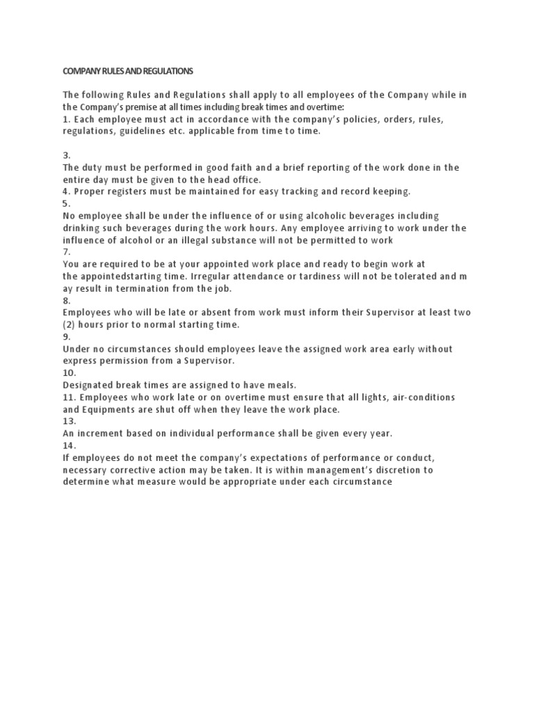 Company Rules and Regulations | PDF