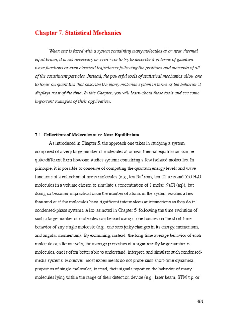 Chapter 7. Statistical Mechanics: 7.1. Collections of Molecules at or Near Equilibrium | PDF ...