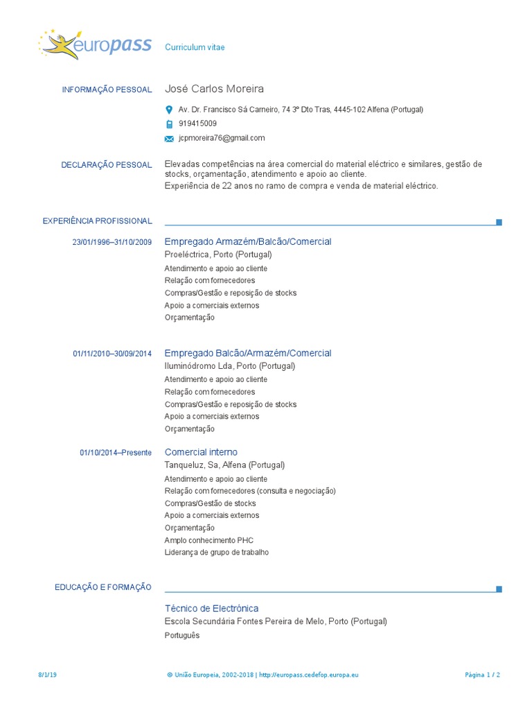 CV Europass 20190108 Moreira PT | PDF | Portugal | União Europeia
