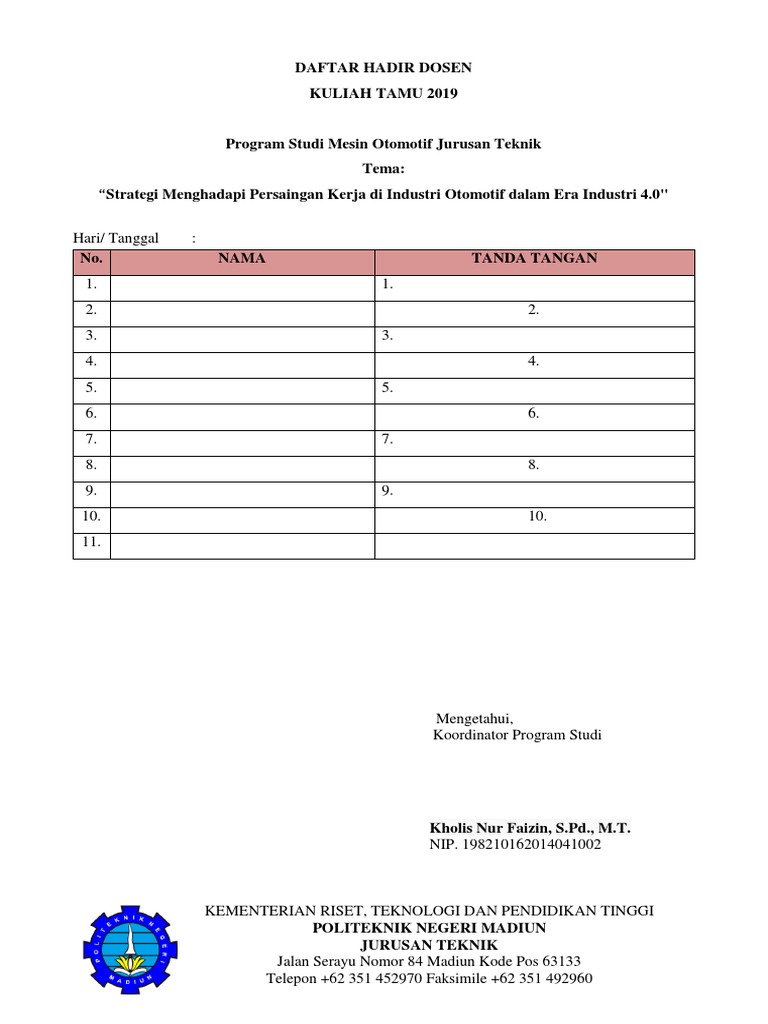 Contoh Format Absensi Kuliah Tamu | PDF
