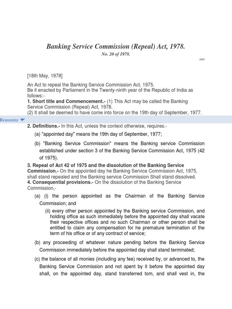Banking Service Commission Repeal | PDF | Repeal | Legal Documents
