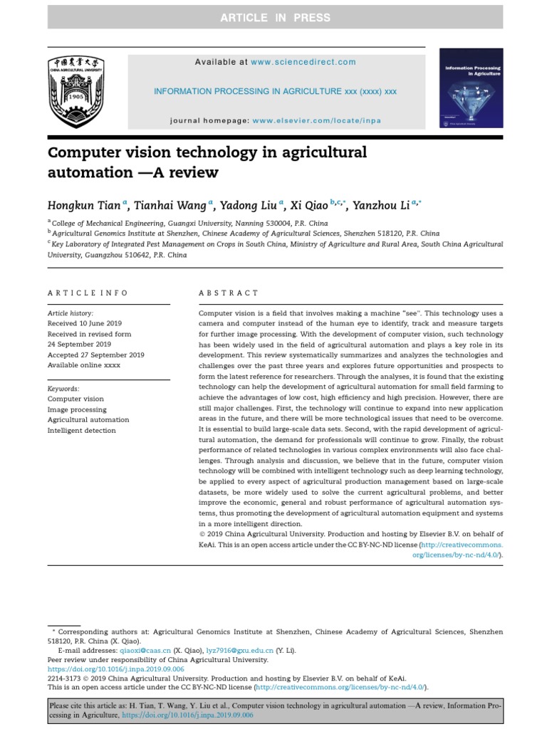 Computer Vision Technology in Agriculturalautomation | PDF | Computer ...