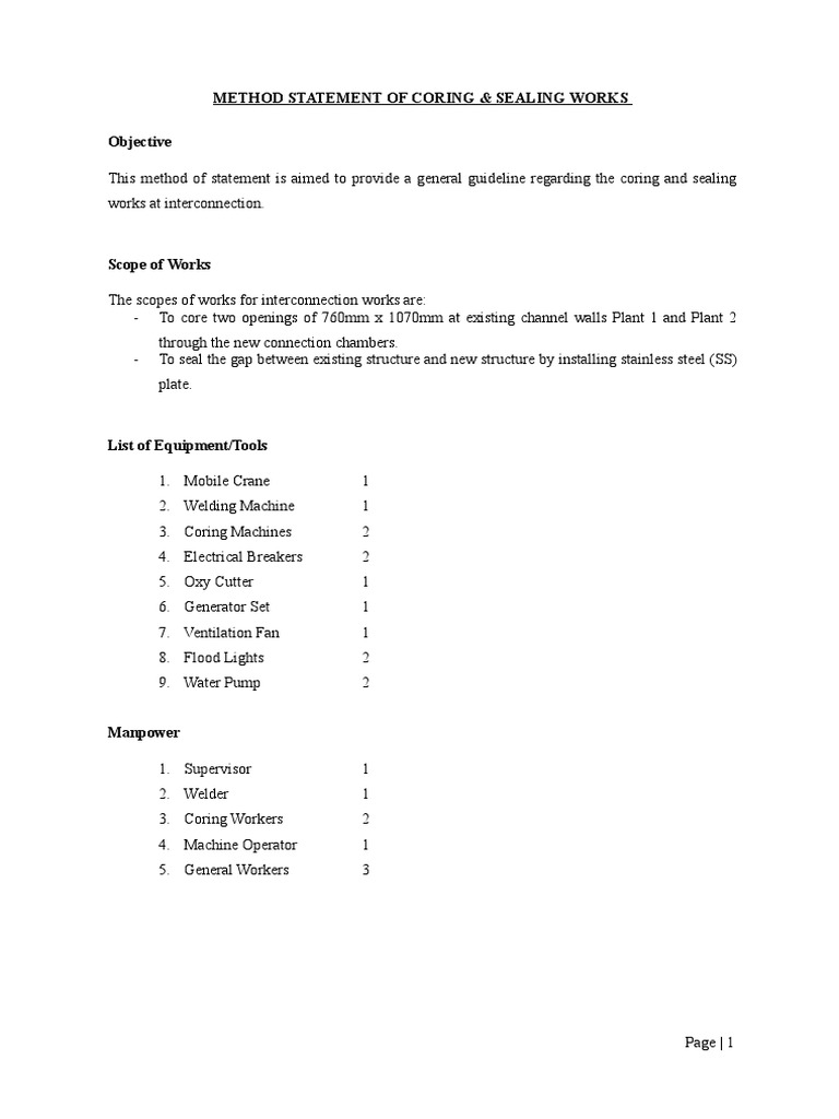 Method Statement Coring&Sealing | PDF | Concrete | Mechanical Engineering