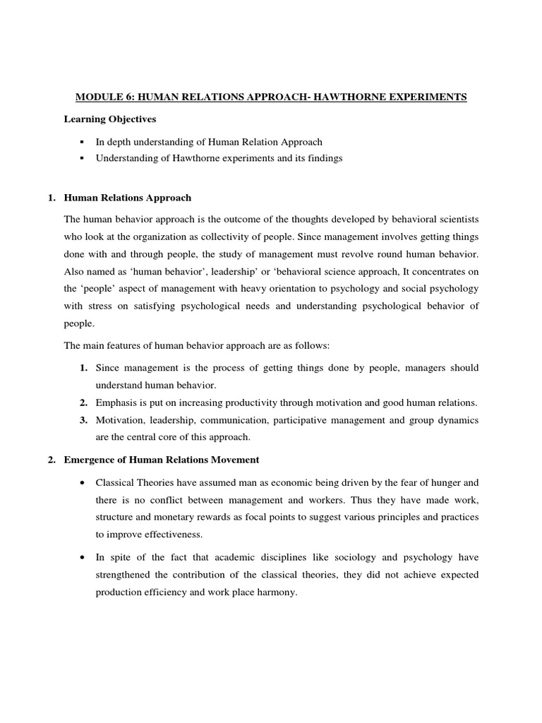 Module 6: Human Relations Approach-Hawthorne Experiments Learning ...