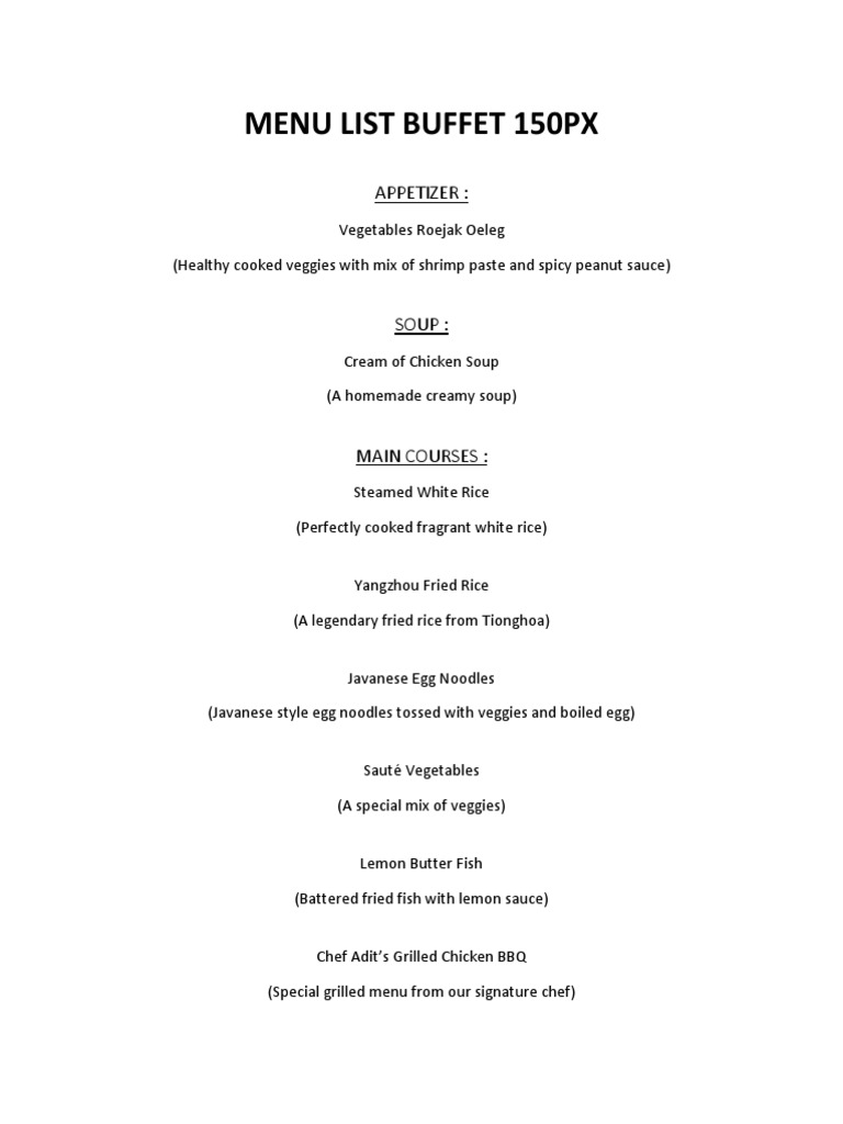 Buffet Menu: Appetizers to Desserts | PDF