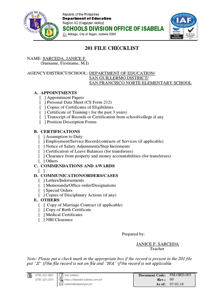 Schools Division Office of Isabela: 201 File Checklist | PDF ...