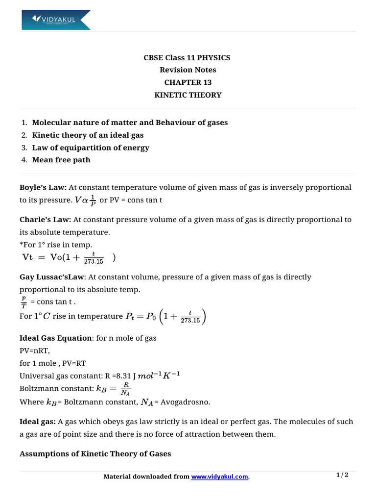 Physics Class Notes On Kinetic Theory | PDF | Gases | Temperature