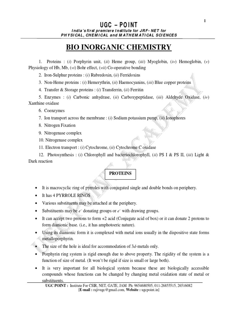 Bioinorganic Chemistry Overview | PDF | Hemoglobin | Electron Transport ...