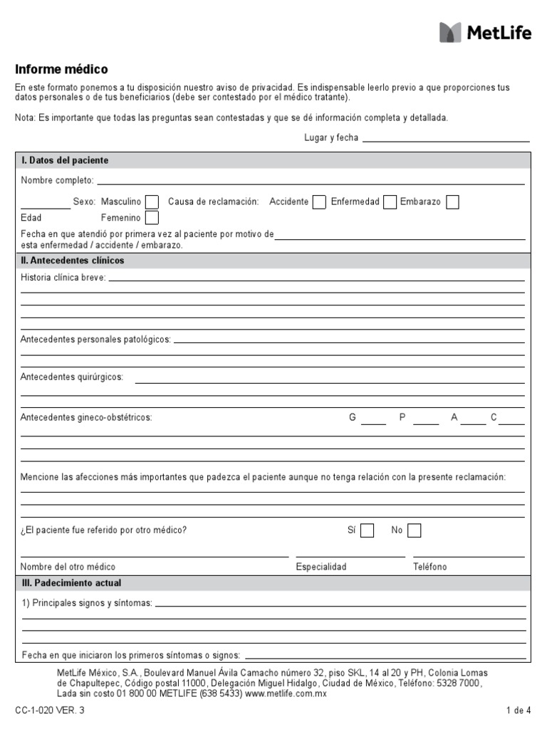 Informe Médico MetLife: Formato y Ejemplo | PDF | Cirugía | Privacidad ...