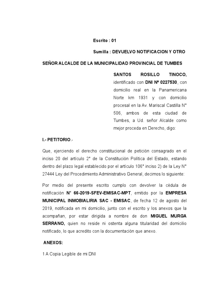 Devuelvo Cedula de Notificacion Municipal | PDF