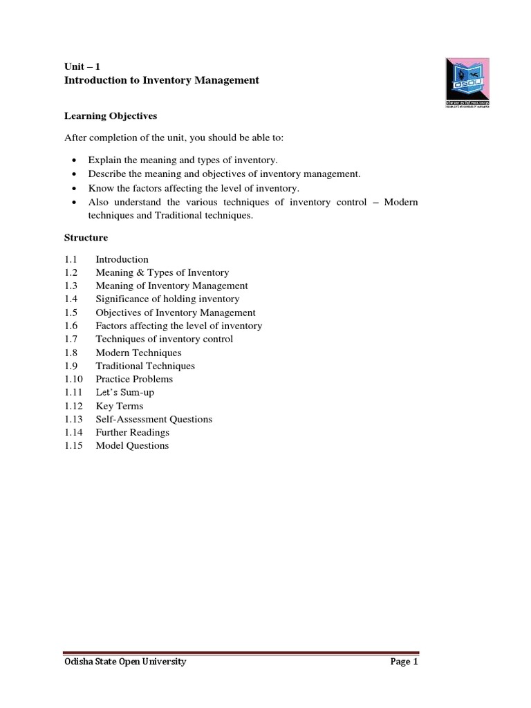 Introduction To Inventory Management: Unit - 1 | PDF | Inventory ...