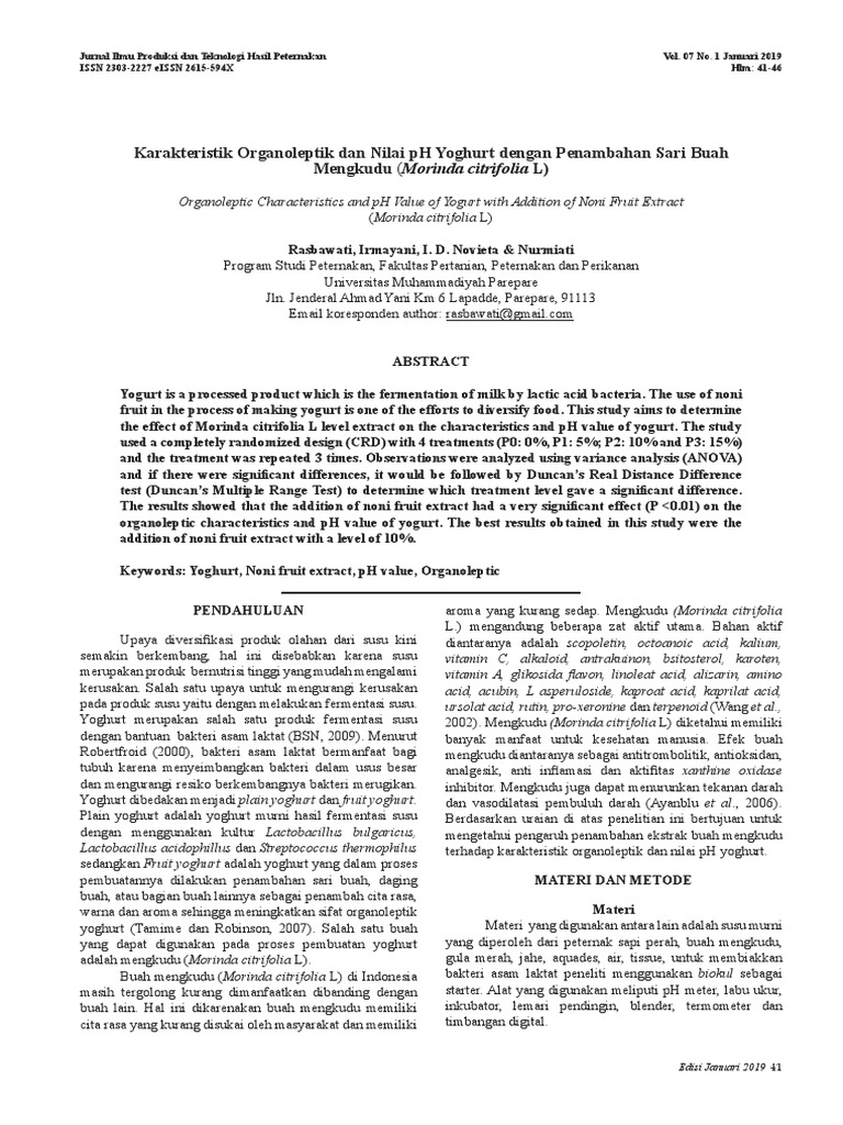 Karakteristik Organoleptik Dan Nilai PH Yoghurt Dengan Penambahan Sari Buah Mengkudu (Morinda ...