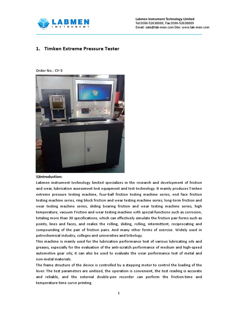 Timken Extreme Pressure Tester Overview | PDF | Wear | Machines