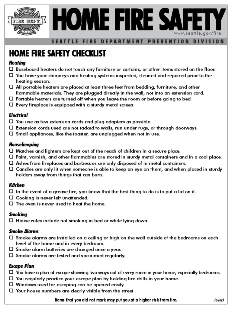 Home Fire Safety Checklist Home Fire Safety Checklist Home Fire Safety ...