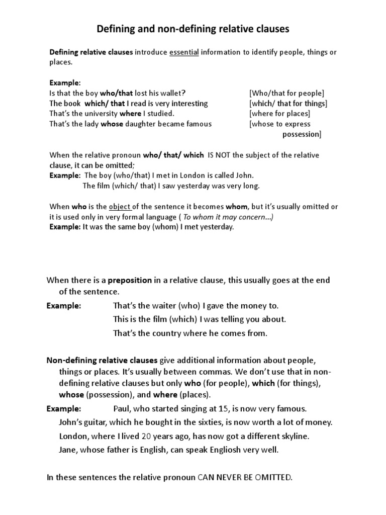 Defining and Non-Defining Relative Clauses | PDF
