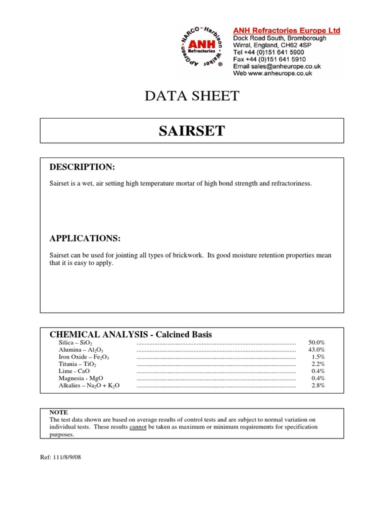 Data Sheet: Sairset | Chemistry | Building Materials