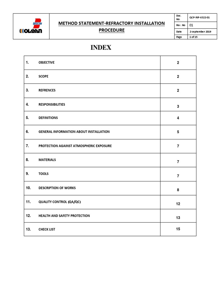 Refractory Installation Method Statement | PDF | Refractory | Brick