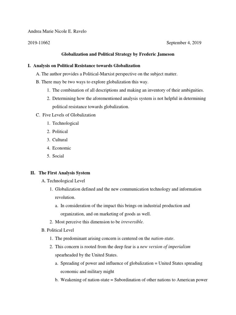 Frederic Jameson Globalozation Outline | PDF | Globalization | Capitalism