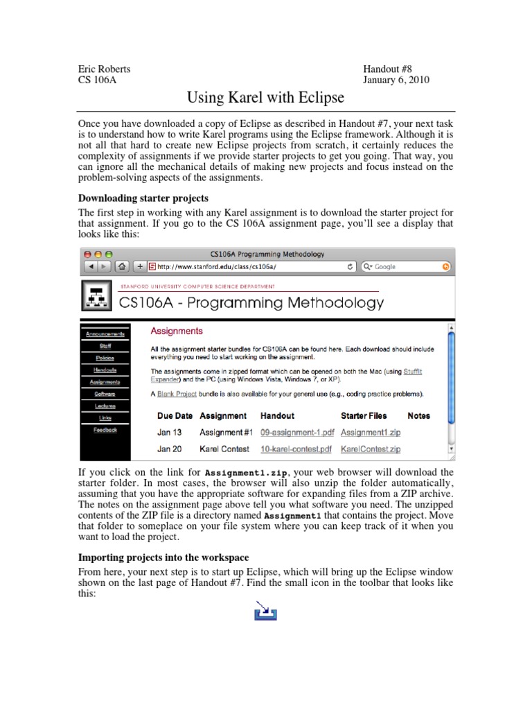 Using Karel With Eclipse: Downloading Starter Projects | PDF | Software Bug | Zip (File Format)