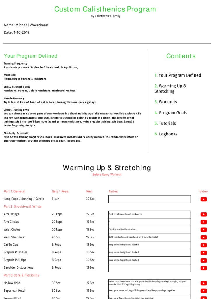 Custom Calisthenics Program Michael Woerdman | PDF | Physical Exercise | Recreation