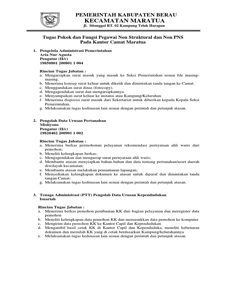 Uraian Tugas PNS Non Struktural Dan Non PNS | PDF