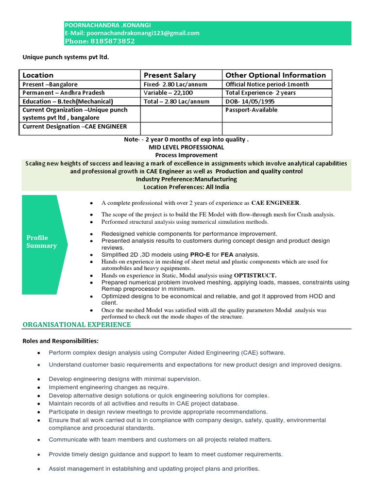 Poorna Cae Engineer Resume | PDF | Mathematical Optimization | Engineering