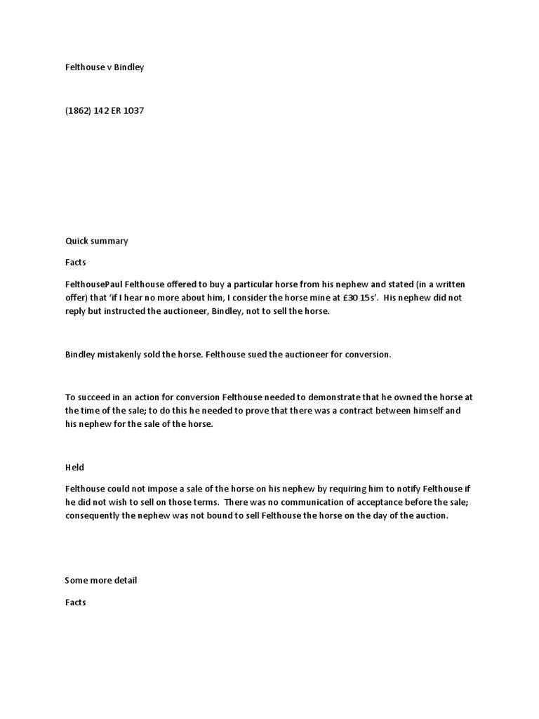 Felthouse v Bindley Case Summary | PDF | Auction | Business Law
