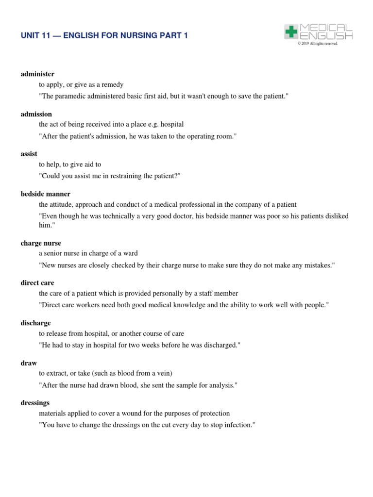 Medical English - Unit 11 Vocabulary | PDF | Nursing | Hospital