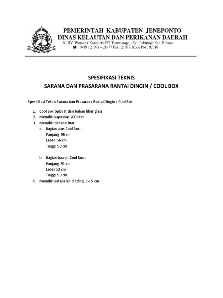 Spesifikasi Cool Box Fiber 200 Liter | PDF